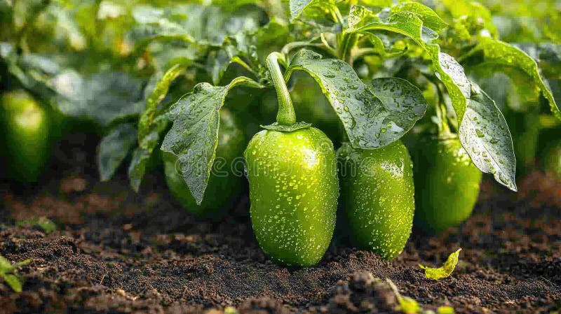 Green Bell Peppers Growing on a Plant Outside Stock Illustration ...