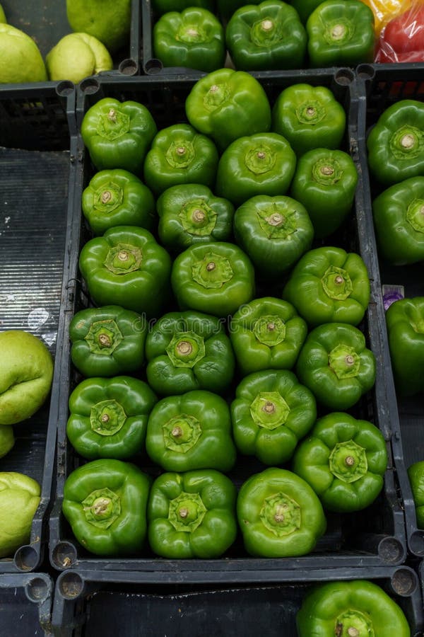 Green Bell Peppers on a Supermarket Shelf Stock Image - Image of ...