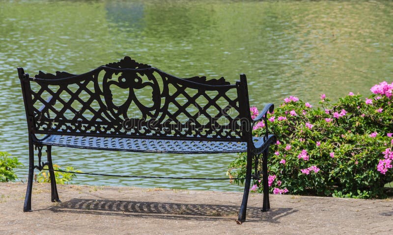 Green Bench Near the Lake in Summer Stock Photo - Image of scene ...