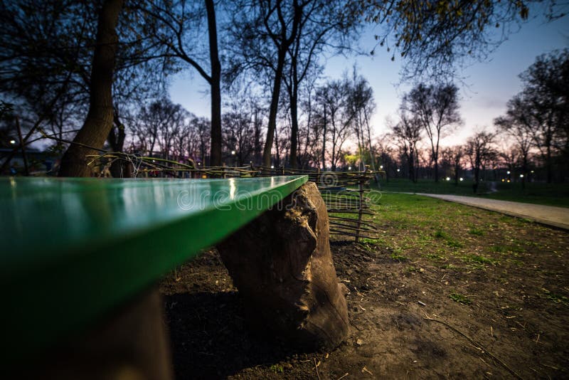 A Green Bench in the Park at Sunset Stock Photo - Image of grow, fall ...