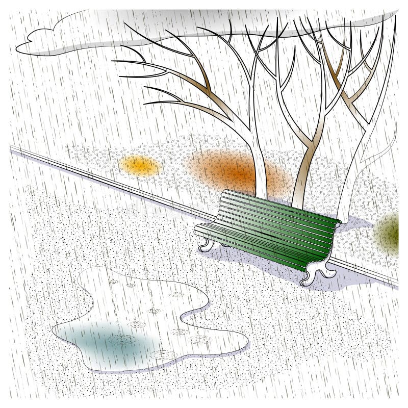 Green bench in the rain stock vector. Illustration of scenery - 198761554