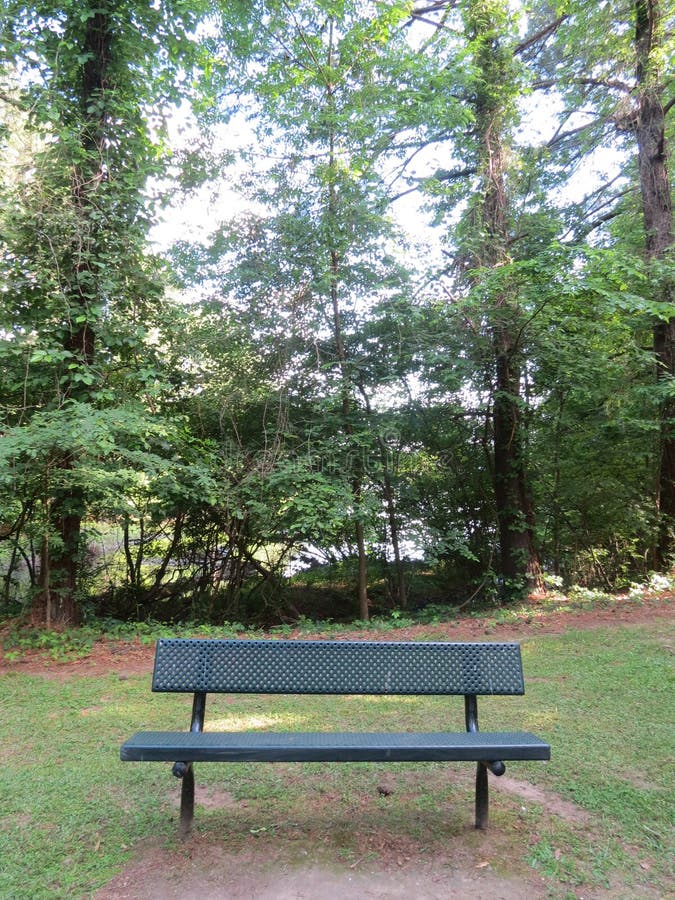 Green Bench with Trees and Lake Behind Stock Image - Image of rest ...