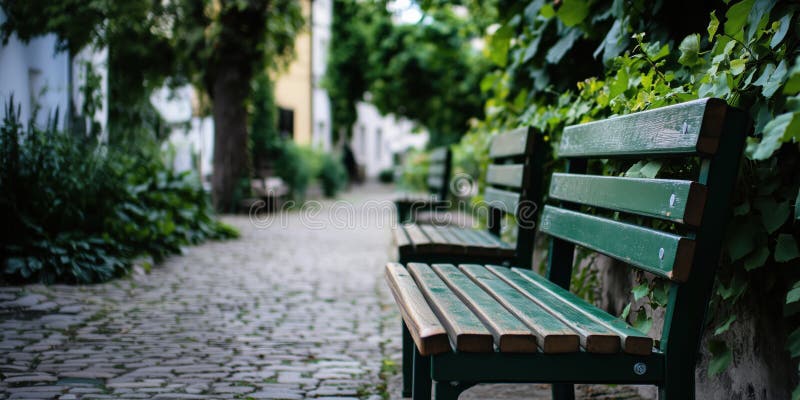 Green Benches in Serene Cobblestone Pathway Surrounded by Lush Greenery ...