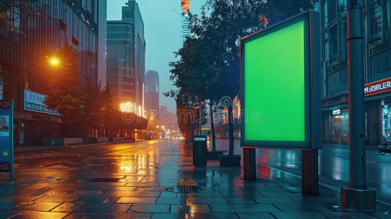 A Green Billboard is Standing in the Middle of a City Street Stock ...