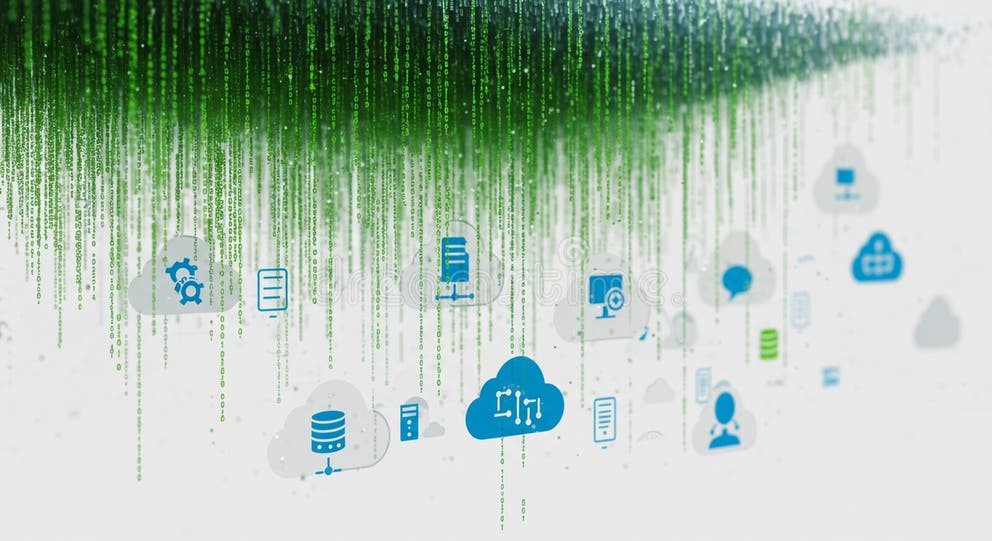 Green Binary Code Cascades from the Top, Resembling Digital Rain. Below, Various Blue Stock ...