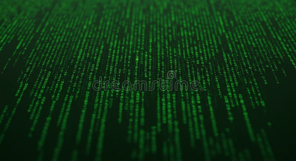 Green Binary Code Cascading in Vertical Lines on a Dark Background, Reminiscent of Stock ...
