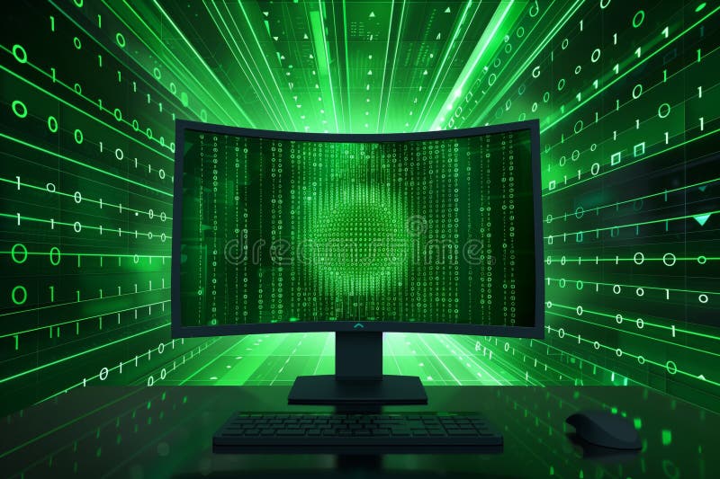 Green Binary Code Encryption on Curved Monitor Stock Image - Image of ...