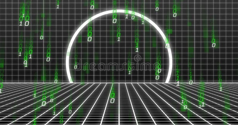 Green Binary Code And Grid Patterns Over Digital Tunnel Image Stock