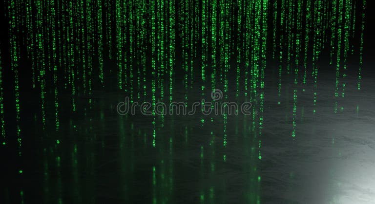 Green Binary Code Streams Cascade Downward, Emulating Rain Against a ...
