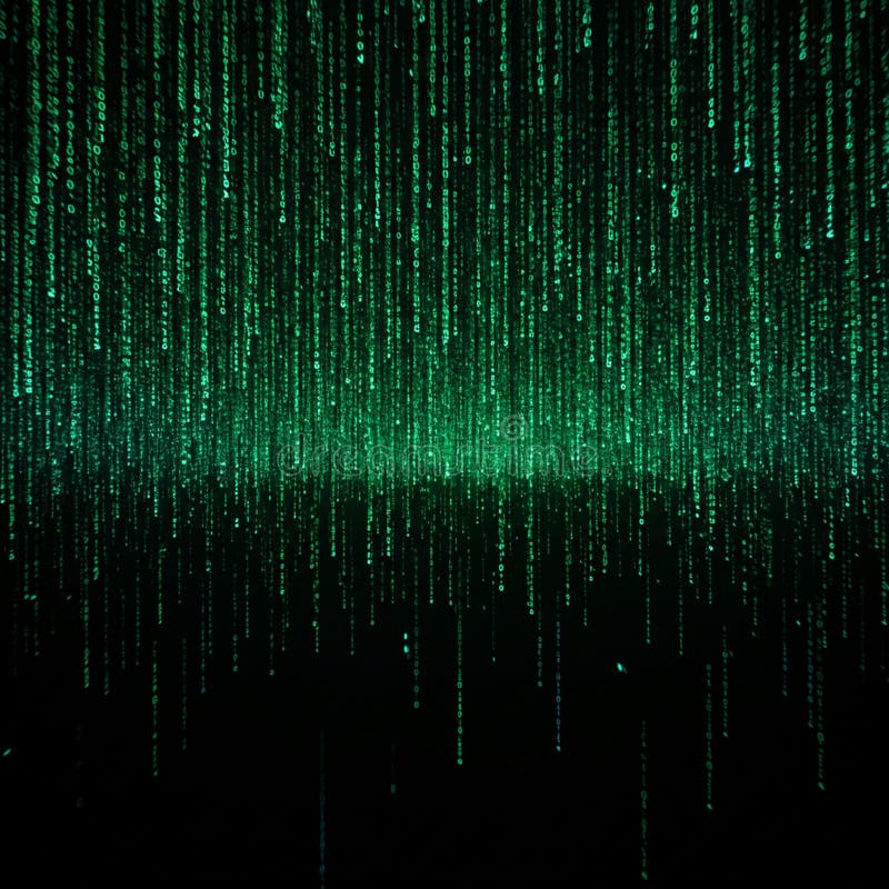 Green Binary Code Streams Vertically Against a Black Background, Resembling Digital Rain Stock ...