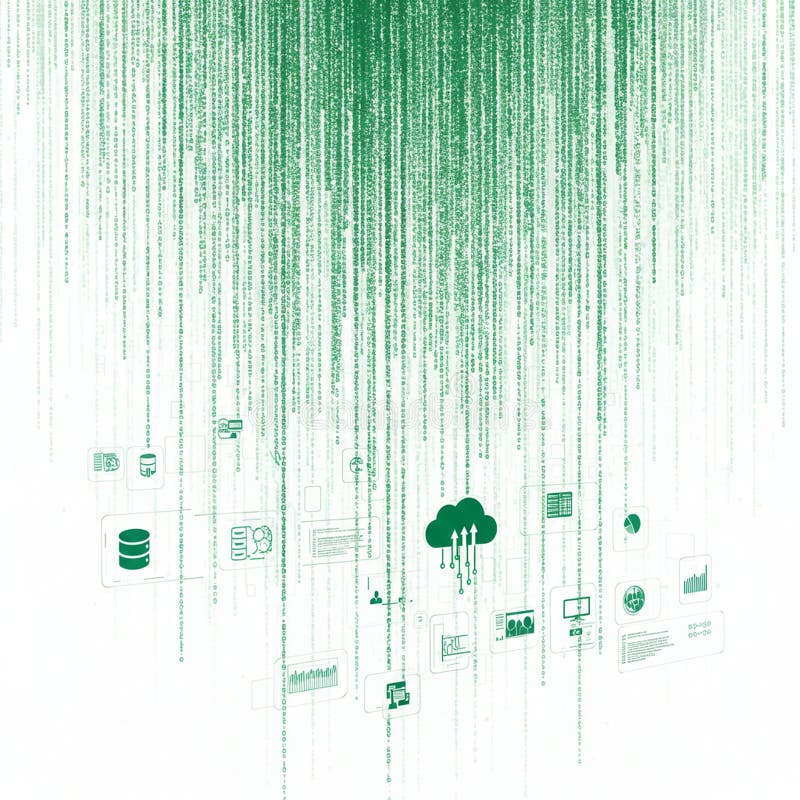 Green Binary Code Streams Vertically, Resembling Data Rain. Below are ...