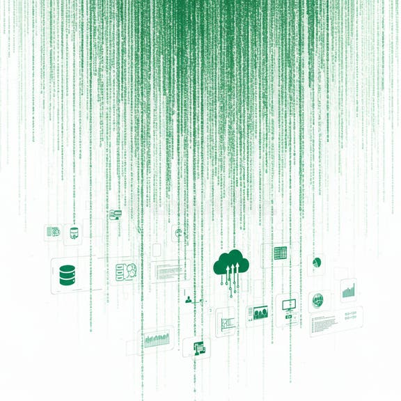 Green Binary Code Streams Vertically, Resembling Data Rain. Below are ...