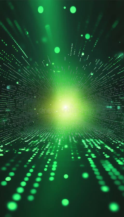 Green Binary Tunnel, Futuristic Data Stream, Cyberspace Background with Glowing Neon Dots and ...