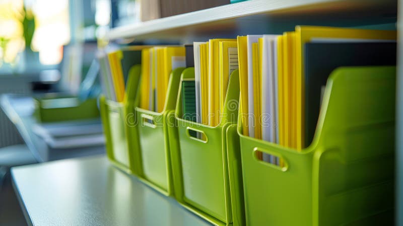 Green Bins with Folders and Documents on an Office Shelf Stock Photo ...