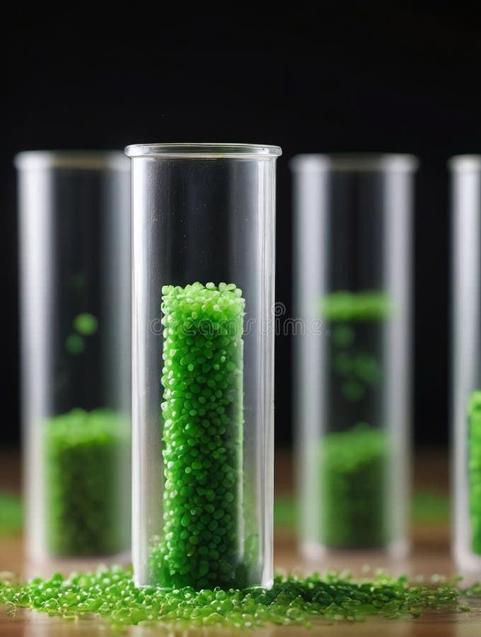 Green Biodegradable Plastic Granules in Test Tubes, Recycling Plastic ...