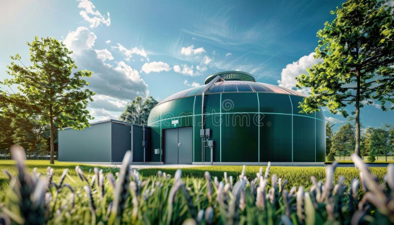 Green Biogas Digester Facility with Dome Structure and Surrounding ...
