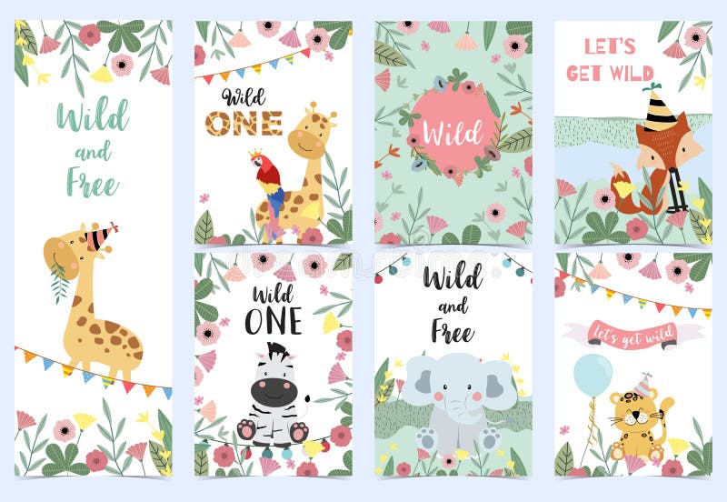 Green Birthday Card with Tiger,elephant, Giraffe, Zebra and Fox Stock ...