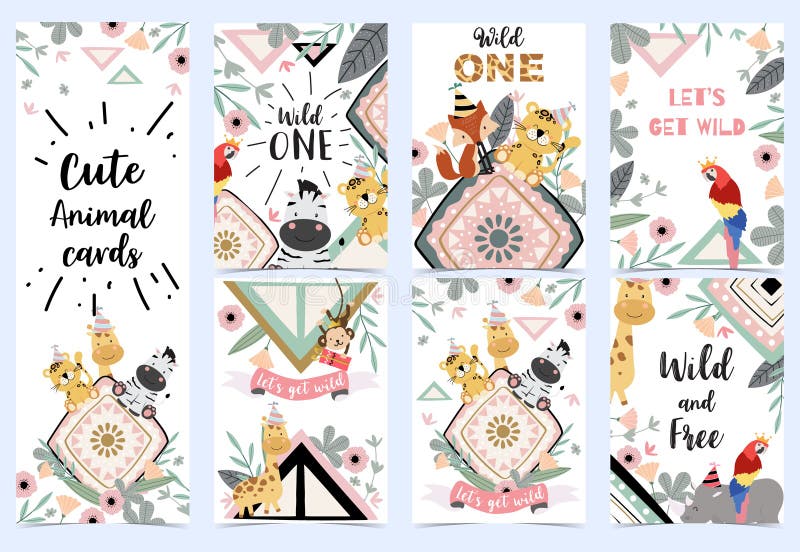 Green Birthday Card with Tiger,giraffe, Zebra and Fox Stock Vector ...