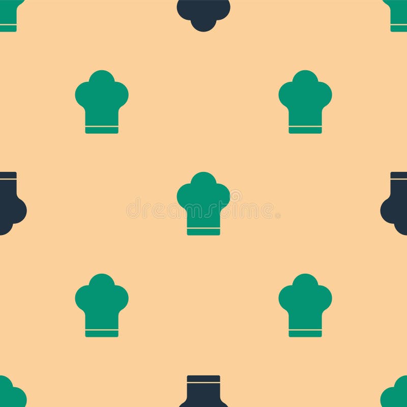 Green and Black Chef Hat Icon Isolated Seamless Pattern on Beige ...