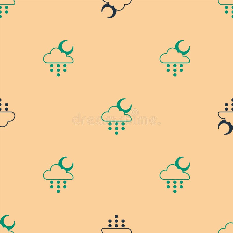 Green and Black Cloud with Rain and Moon Icon Isolated Seamless Pattern ...