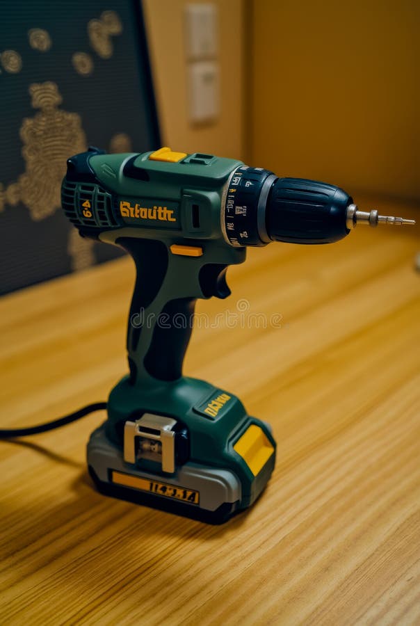 A Cordless Drill Sitting on Top of a Wooden Table Stock Photo - Image ...