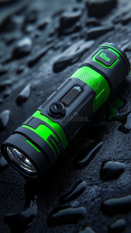 A Green and Black Flashlight Sitting on Top of a Wet Surface Stock ...