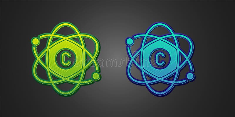 Green and Blue Atom Icon Isolated on Black Background. Symbol of ...