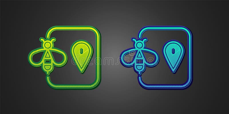 Green and Blue Bee Location Map Pin Pointer Icon Isolated on Black ...