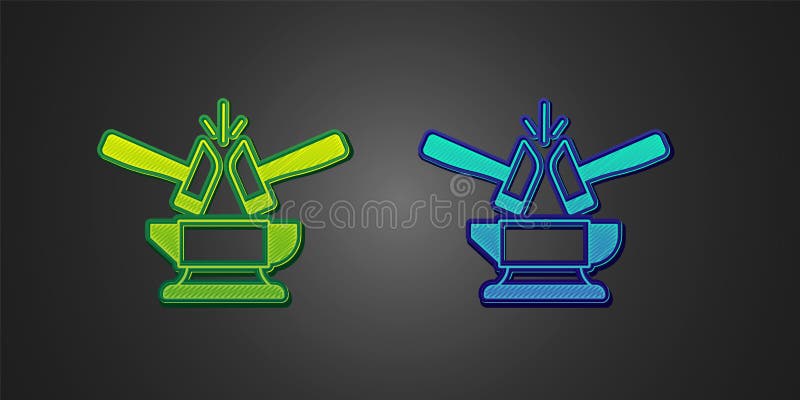 Green and Blue Blacksmith Anvil Tool and Hammer Icon Isolated on Black ...