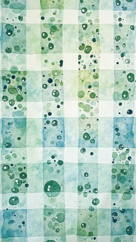 Green and Blue Checkered Pattern with Circles Watercolor Artwork Stock ...