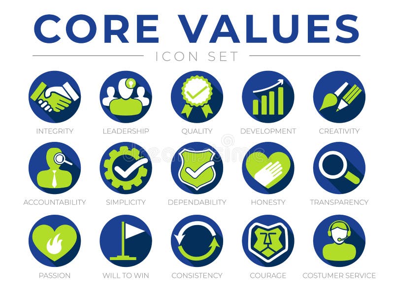 Green Blue Company Core Values Round Web Icon Set. Integrity ...