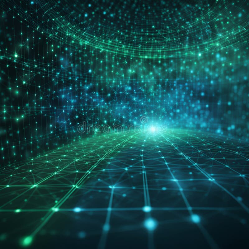 Green Blue Cyber Network Grid and Connected Particles: Abstract Tech ...