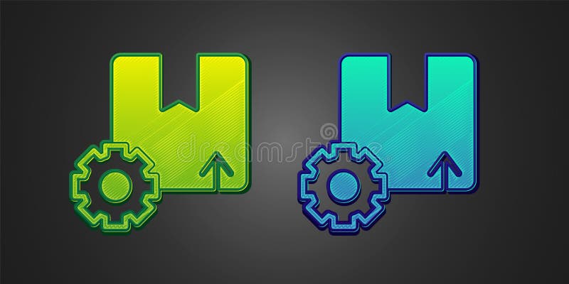 Green and Blue Gear Wheel with Package Box Icon Isolated on Black ...
