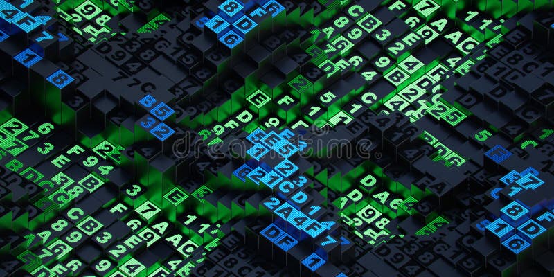 Green and Blue HEX Programming Code 3D Rendering Stock Illustration ...