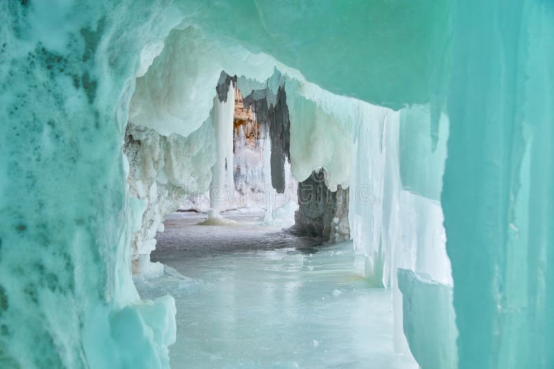 Green and Blue Ice Cave on Lake Michigan Stock Image - Image of cliffs ...
