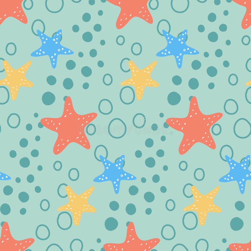 Green Blue Mint Seamless Pattern with Starfish and Bubbles Stock Vector ...
