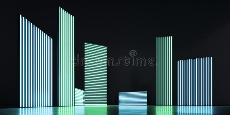 Green and Blue Neon Light Bars of Different Height in an Empty Dark ...