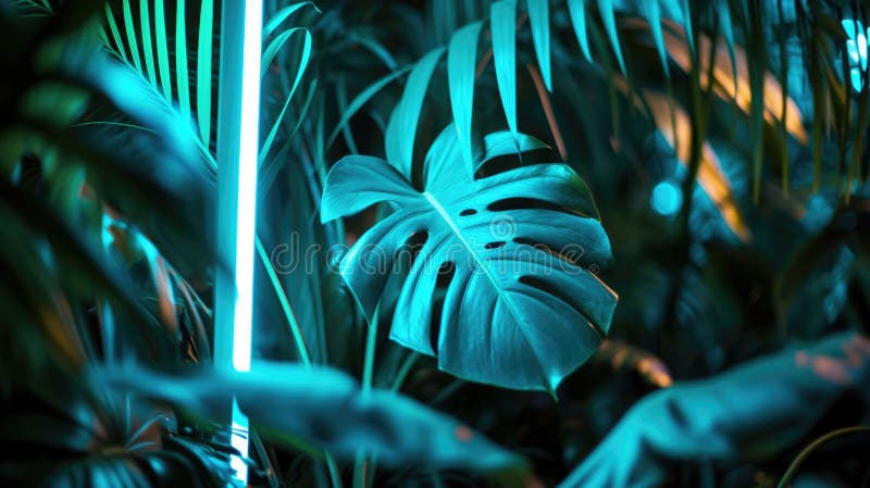 Green and Blue Neon Light with Tropical Leaves Stock Illustration ...