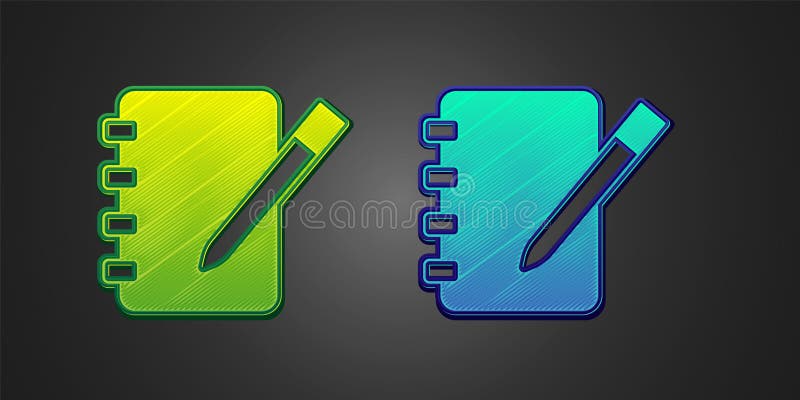 Green and Blue Notebook Icon Isolated on Black Background. Spiral ...