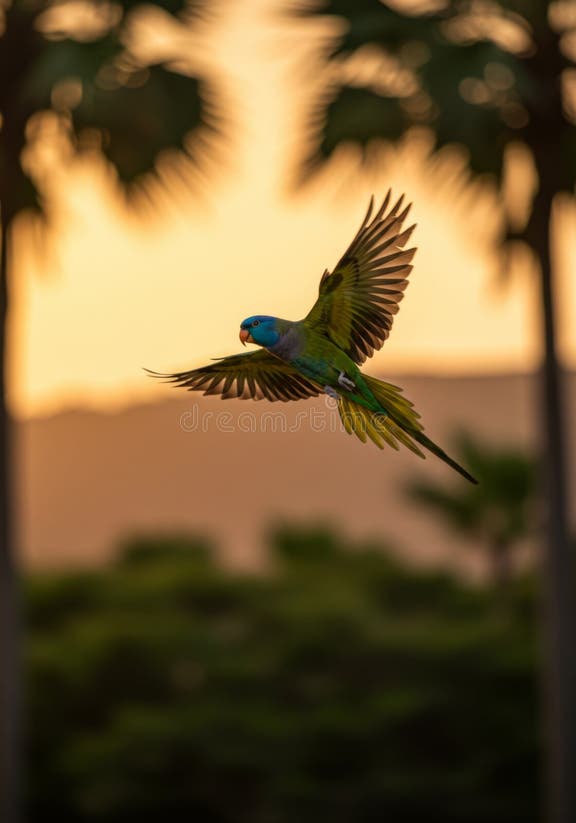 Green and Blue Parrot in Flight at Sunset Stock Illustration ...