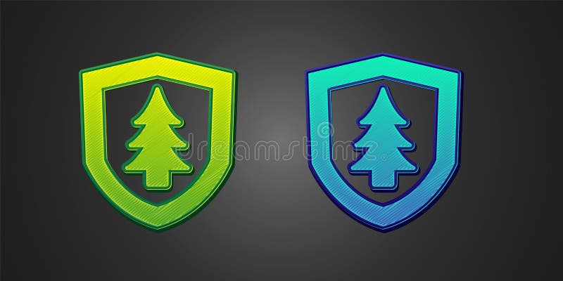 Green and Blue Shield with Tree Icon Isolated on Black Background. Eco ...