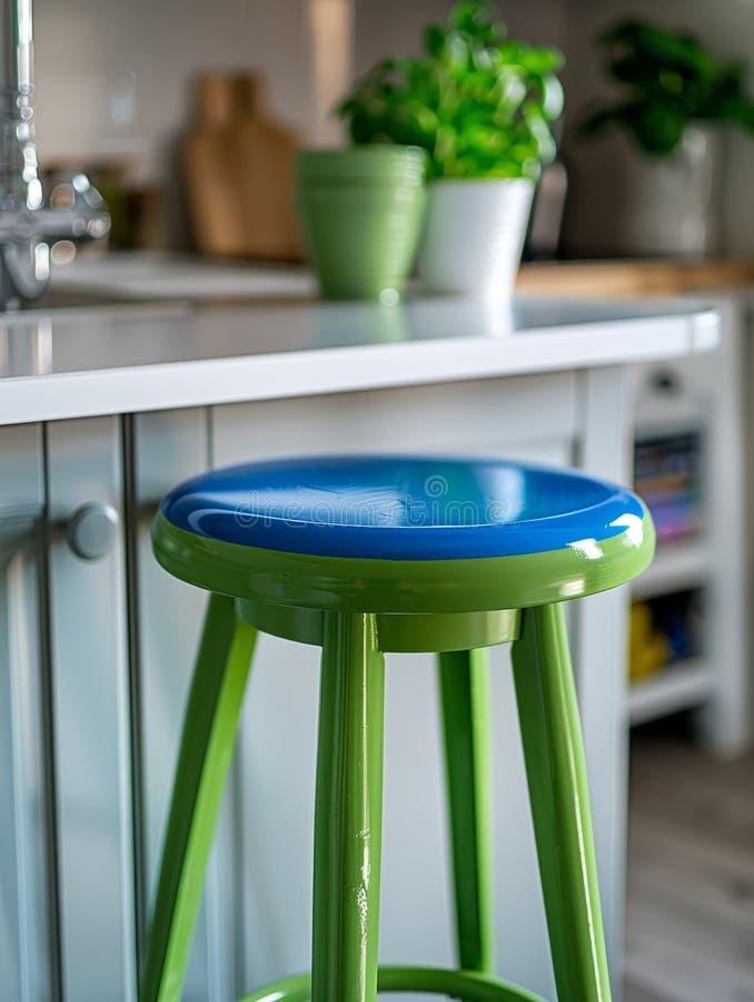Green and Blue Stool in a Modern Kitchen with Plants and Clean Decor ...