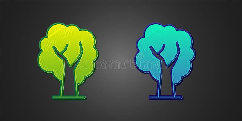 Green and Blue Tree Icon Isolated on Black Background. Forest Symbol ...