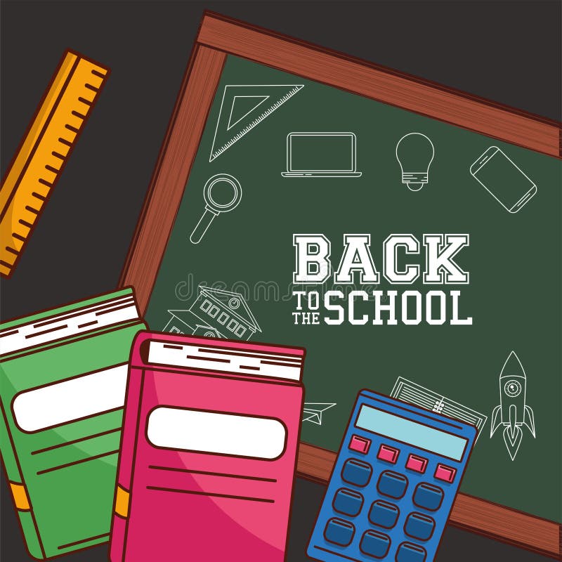 Green Board with Notebooks Caculator and Ruler of Back To School Vector ...