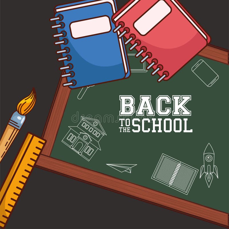 Green Board with Notebooks Ruler and Paint Brush of Back To School ...