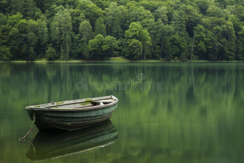 Green Boat on Calm Lake Water Surrounded by Forest Stock Photo - Image ...
