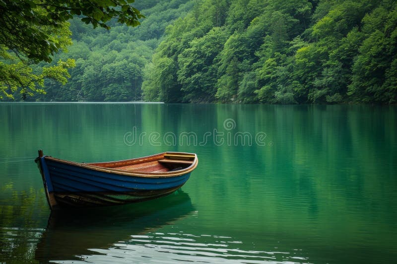 Green Boat on Calm Lake Water Surrounded by Forest Stock Photo - Image of boat, reflection ...