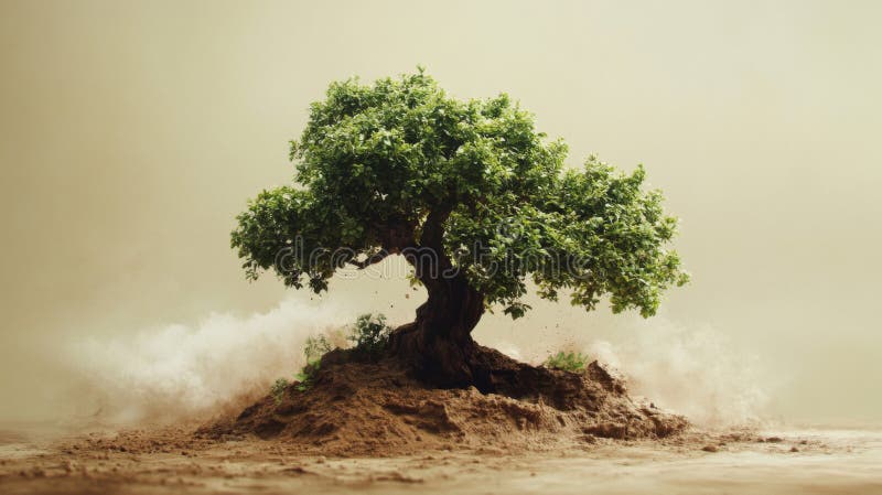 Green Bonsai Tree in Beige Background, Dust and Soil Stock Illustration ...