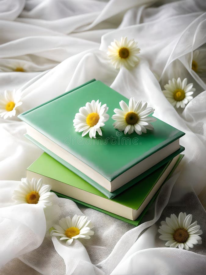 Green Books with Daisies on a White Fabric Background. Soft and Fresh ...