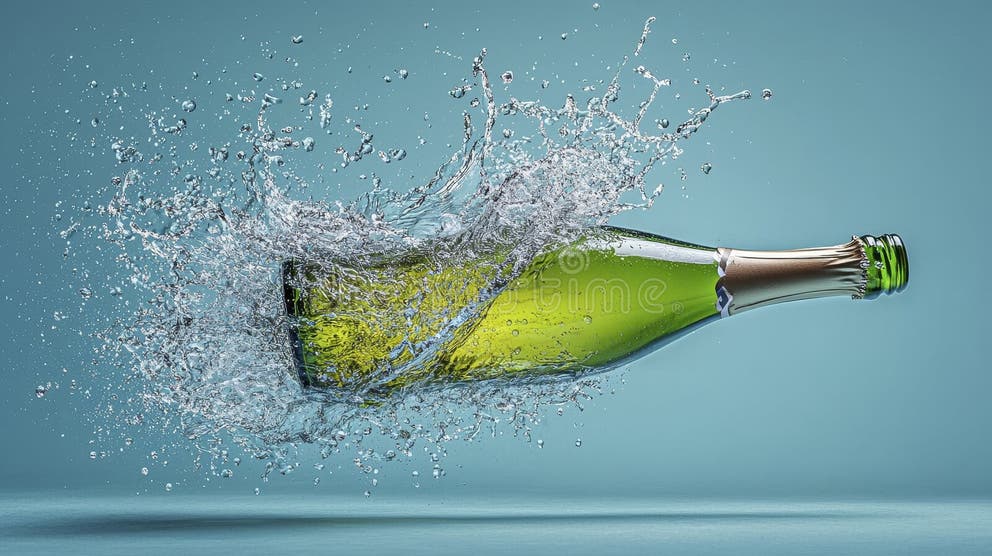 Green Bottle of Sparkling Wine Exploding in a Dynamic Splash Against a ...